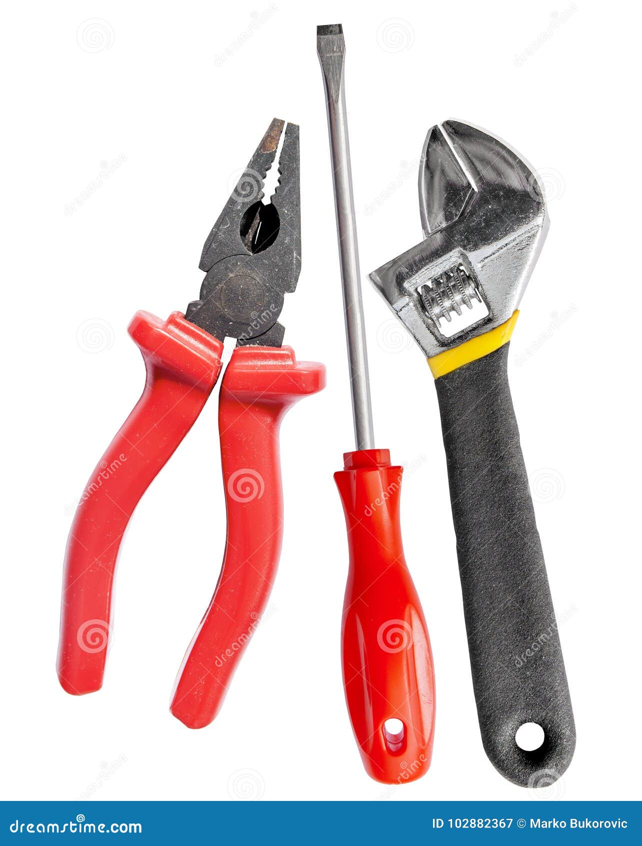 Tool Set of Wrench, Adjustable Spanner, Pliers and Screwdriver Stock ...
