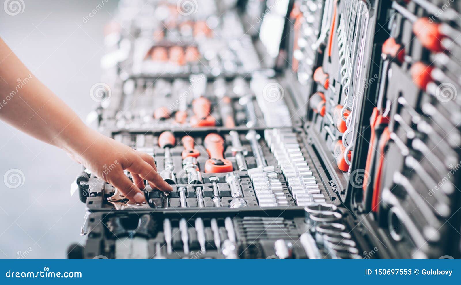 Tool Store Showcase Worker Choosing Instruments Stock Image - Image of ...