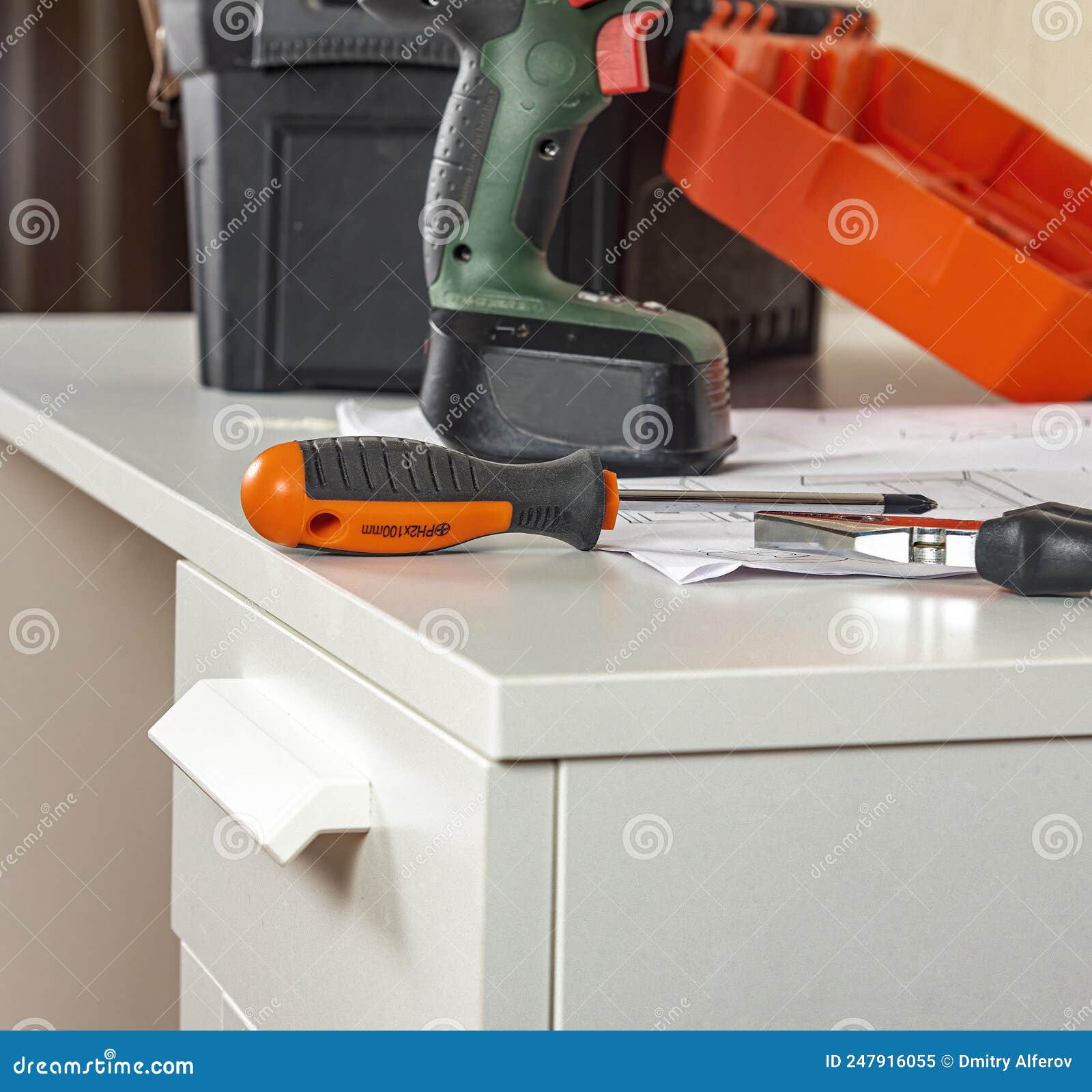 The Toolbox is on the Assembled Table Stock Image - Image of cabinet ...