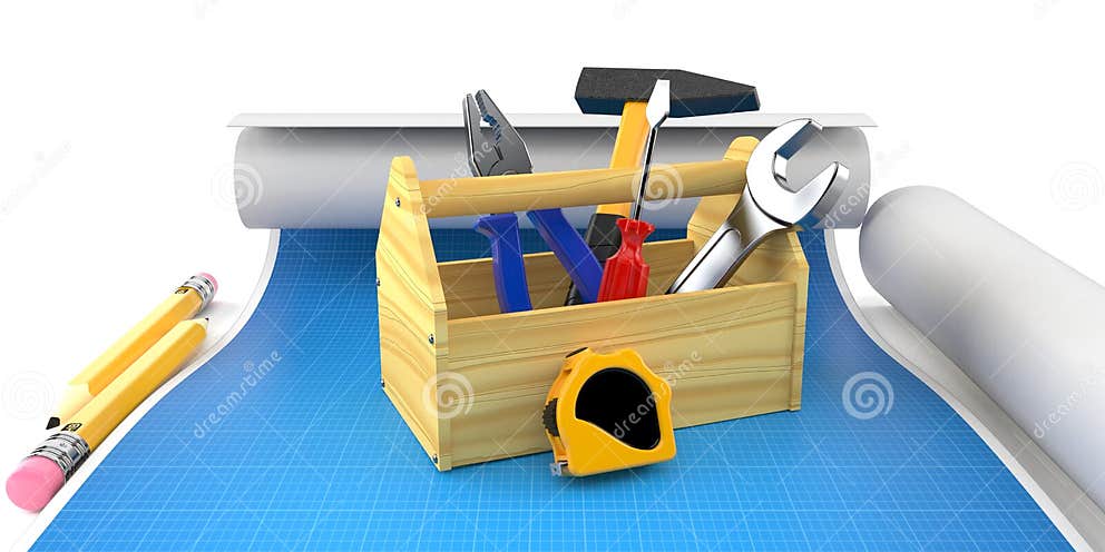 Toolbox on blueprint stock illustration. Illustration of improvement ...