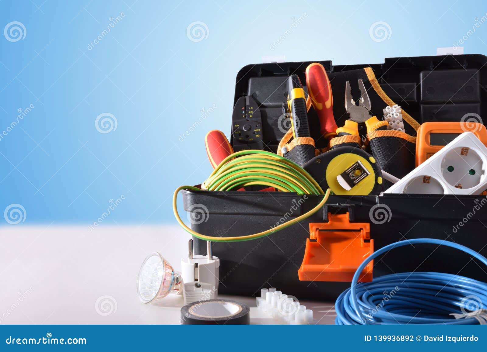 Toolbox Full of Tools and Electrical Equipment on White Table Stock ...