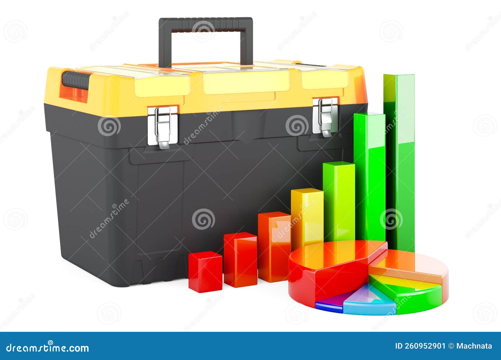 Toolbox with Growth Bar Graph and Pie Chart, 3D Rendering Stock ...