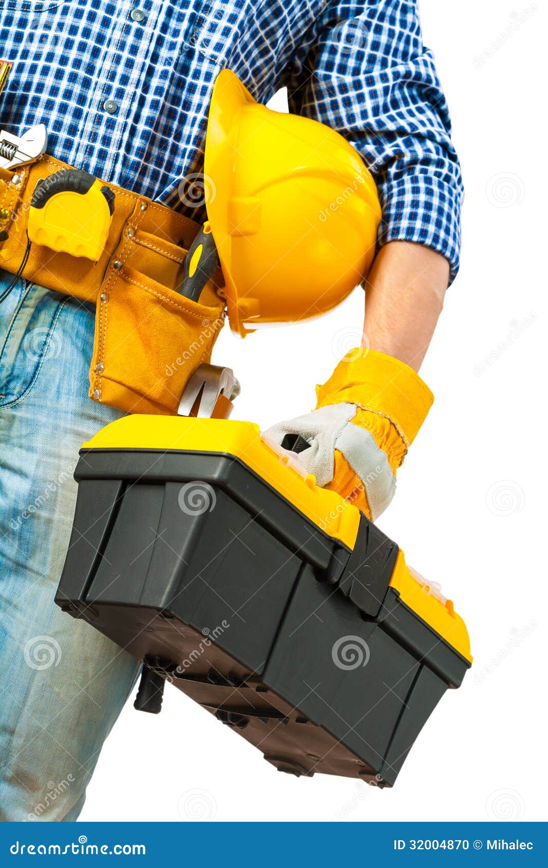 Toolbox in hand of worker stock photo. Image of maintenance - 32004870