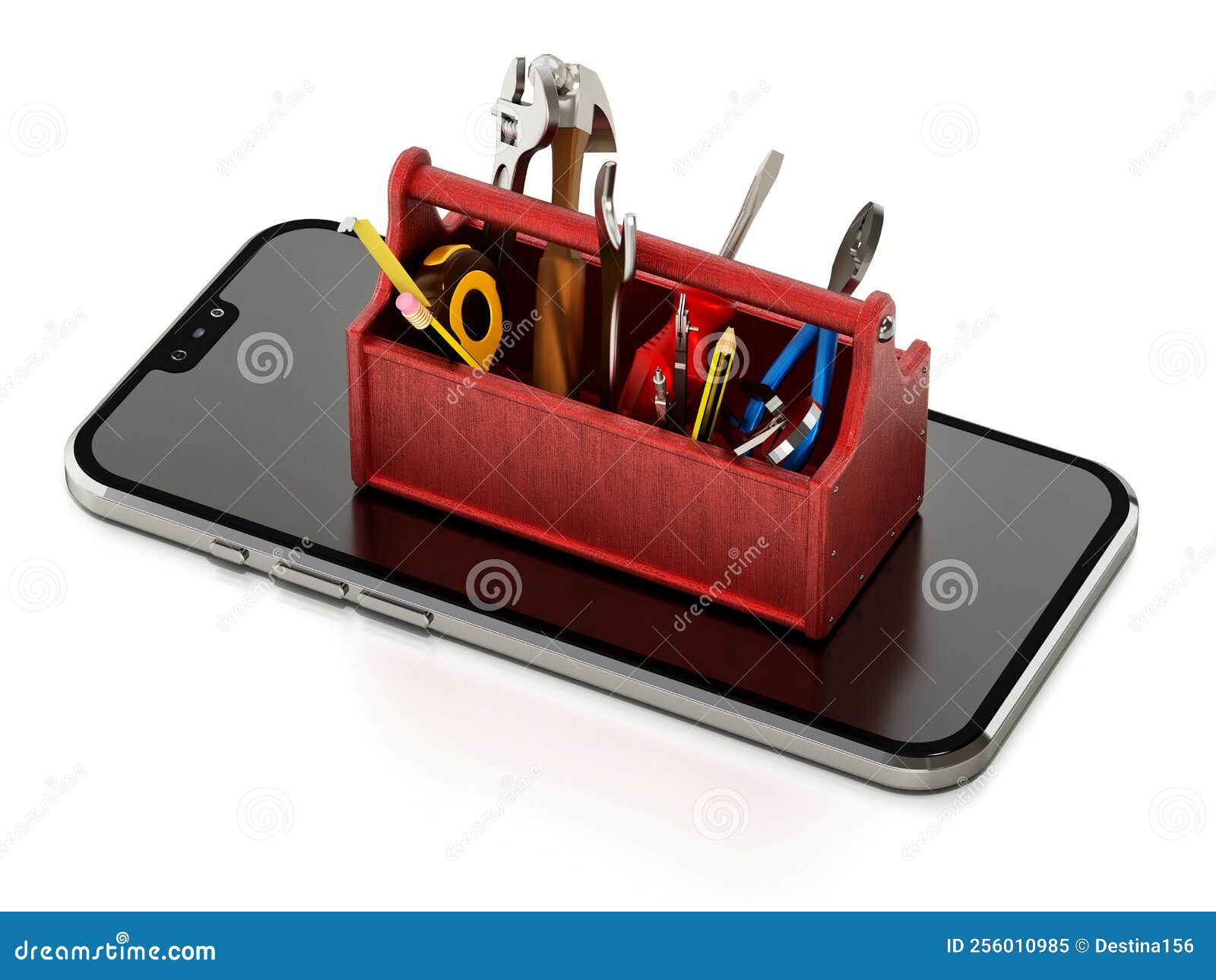 Toolbox with Repair Tools Standing on Generic Smartphone. 3D ...