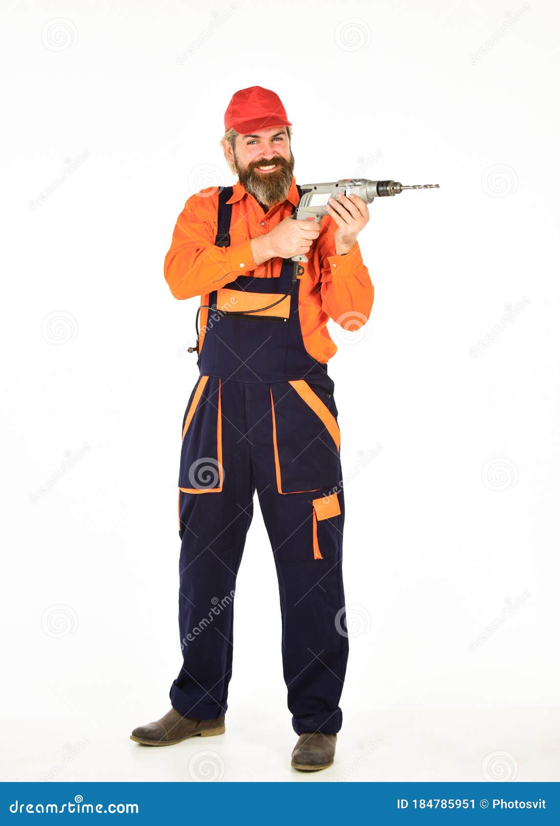 Toolbox Tips Drilling and Fixing. Man in Cap with Drills White ...