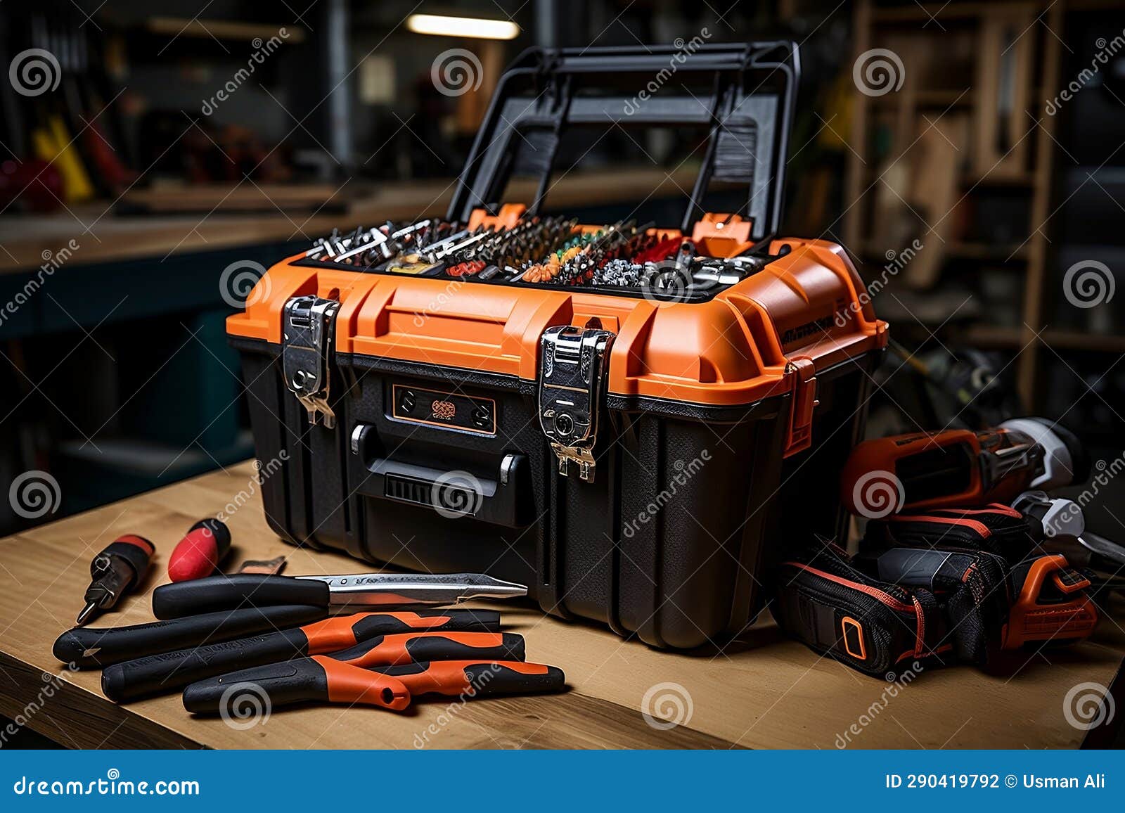 Toolbox and Tools Arranged on Wooden Table. AI Stock Photo - Image of ...
