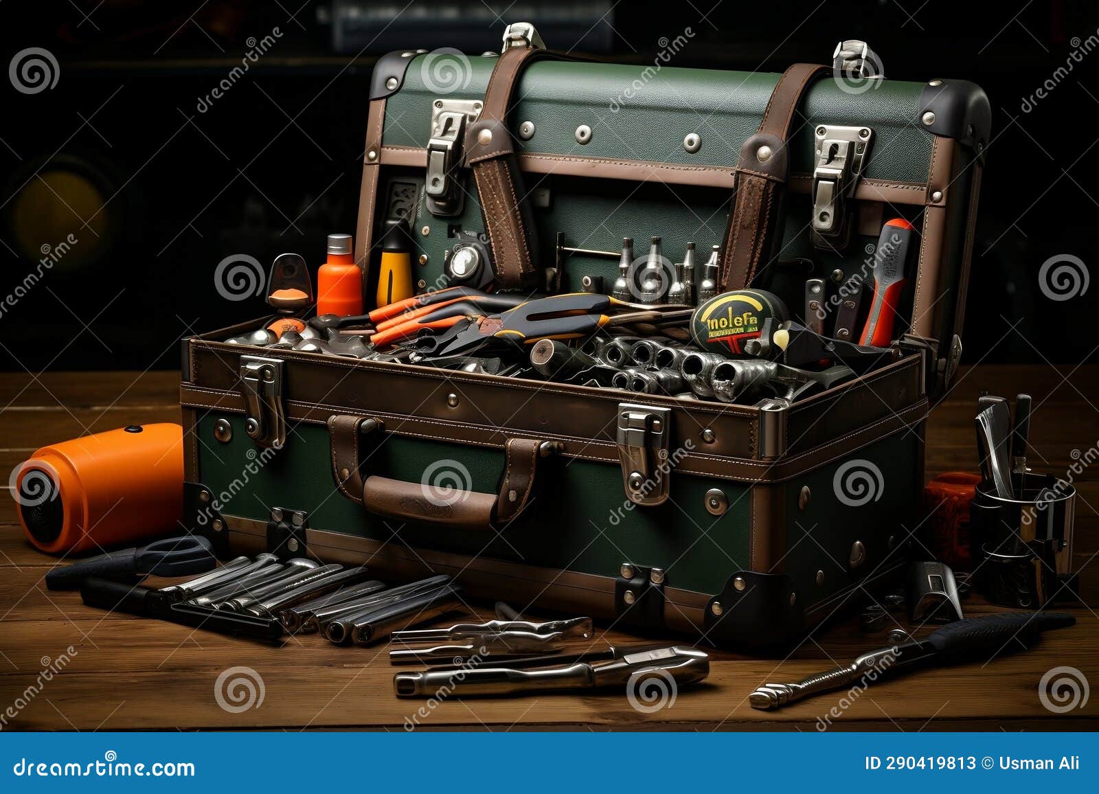 Toolbox and Tools Arranged on Wooden Table. AI Stock Illustration ...