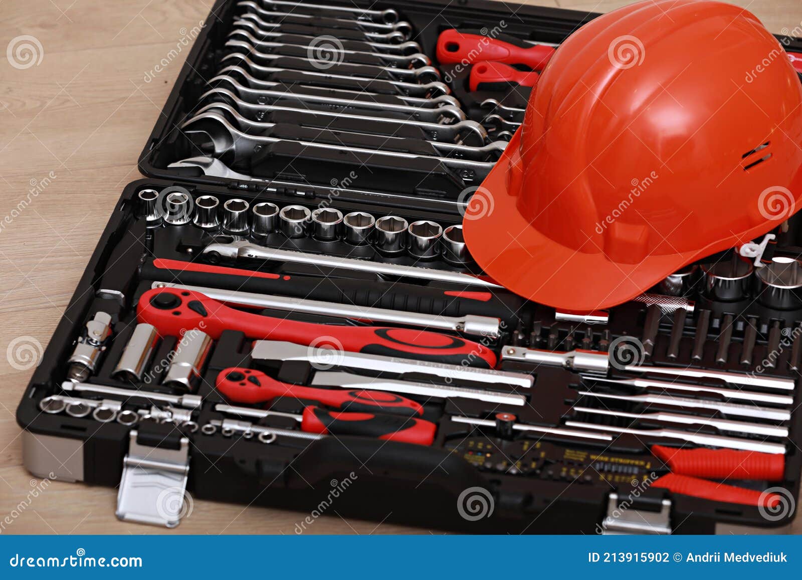 Toolbox, Tools Kit Detail and Orange Protective Helmet Close Up ...