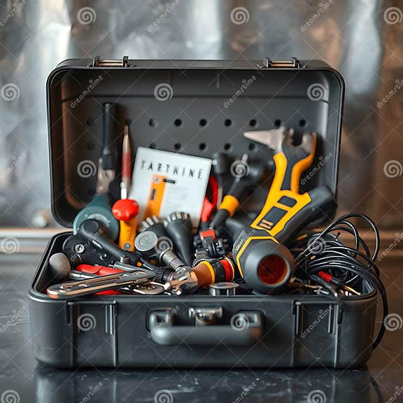 A Toolbox with Various Electrical Tools Spilling Out Placed on a Metallic Background Under Warm ...
