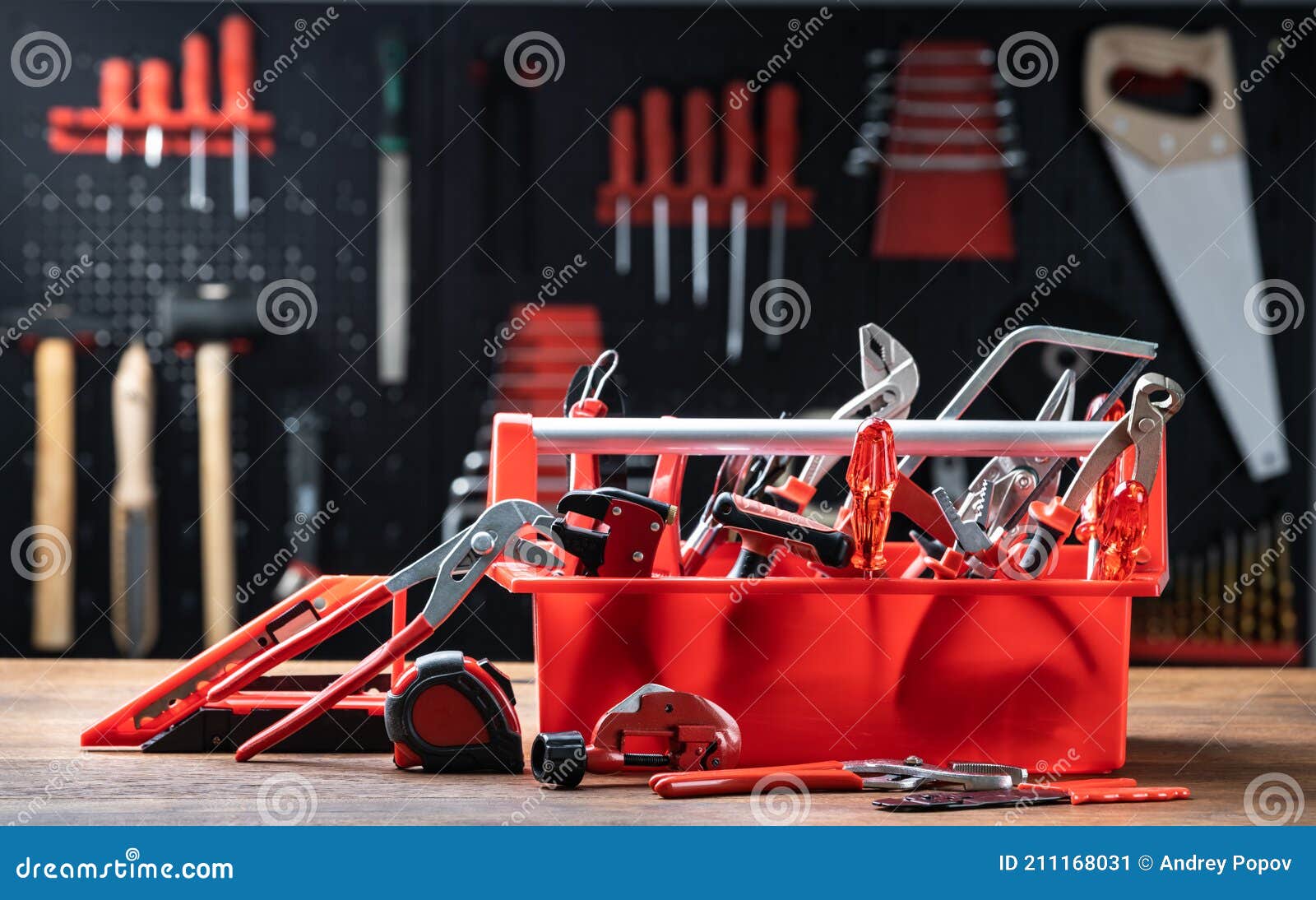 Toolbox with Various Worktools on Wooden Surface Stock Image - Image of ...