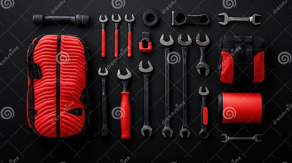 Toolkit with Red and Black Tools on a Dark Background Stock ...