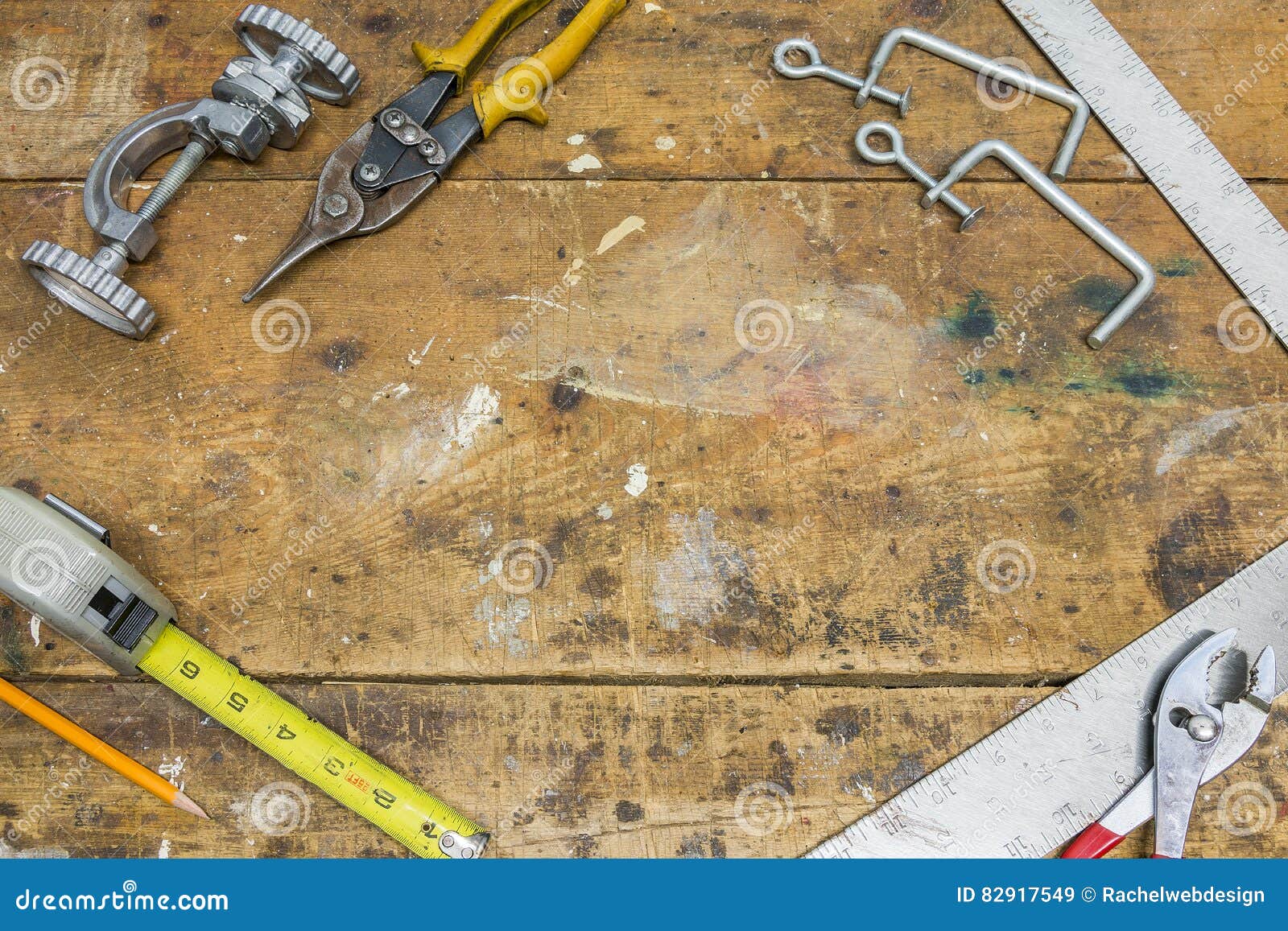 Tools Along Border of Worn Wooden Workshop Bench Surface Stock Image ...