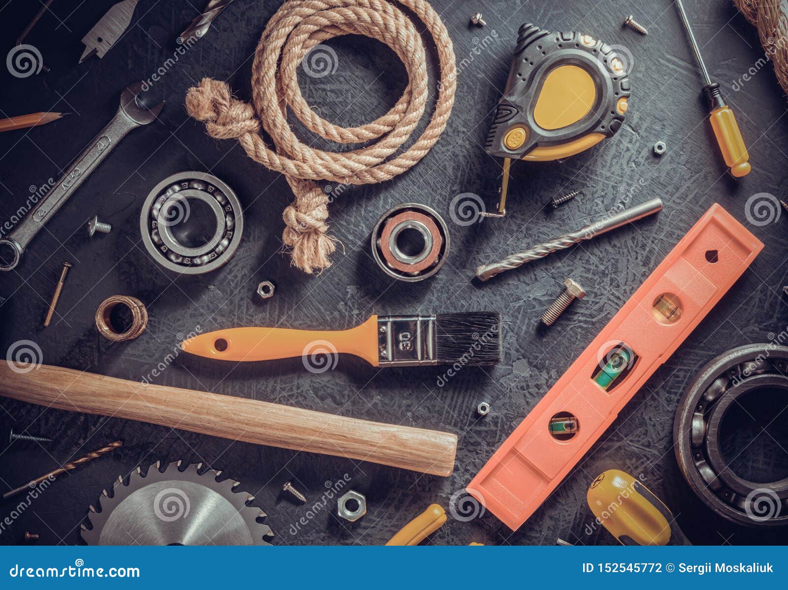 Tools on Black Table Background, Top View Stock Photo - Image of ...