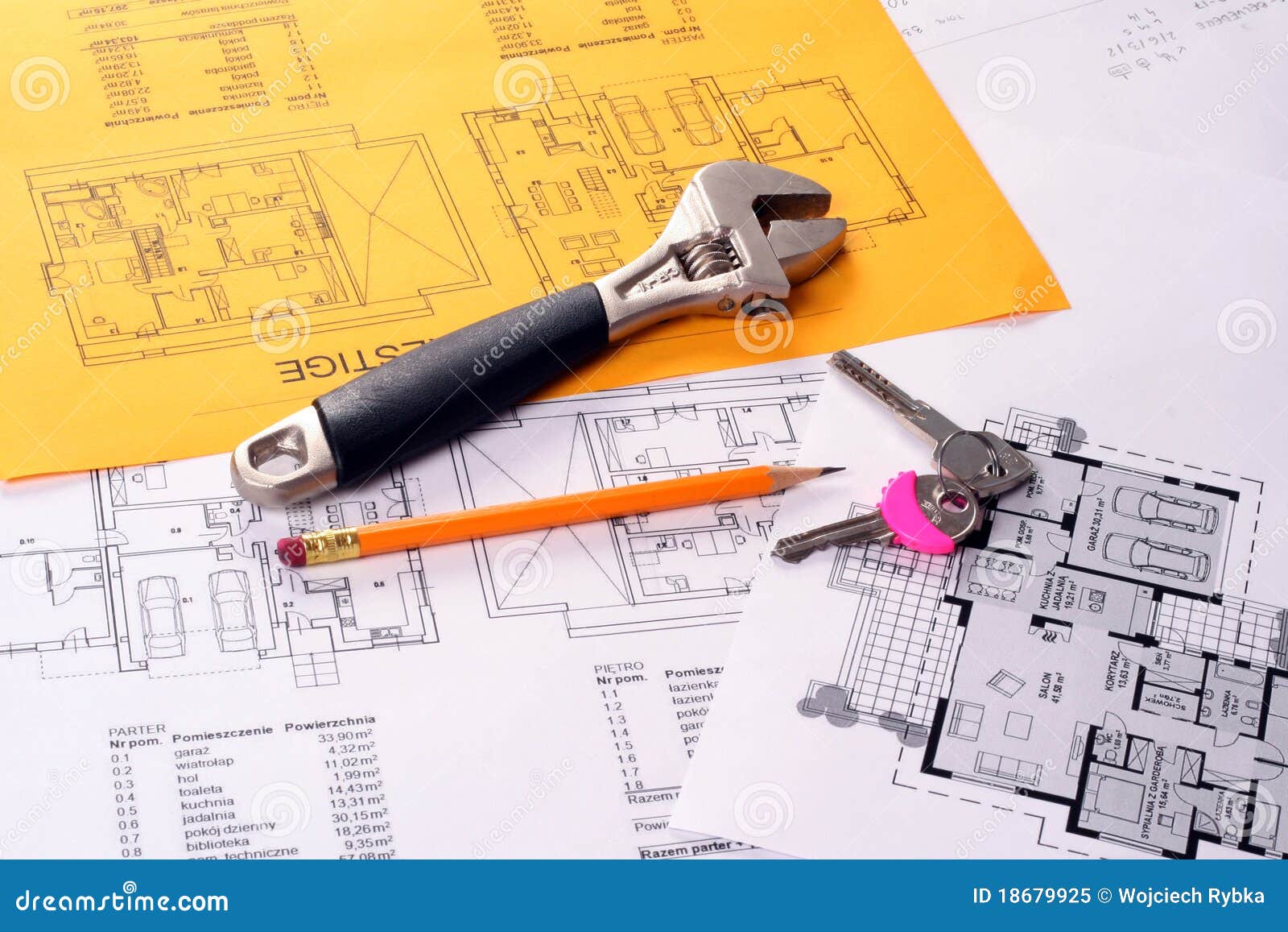 Tools on Blueprints Including Monkey Wrench, Keys Stock Image - Image ...