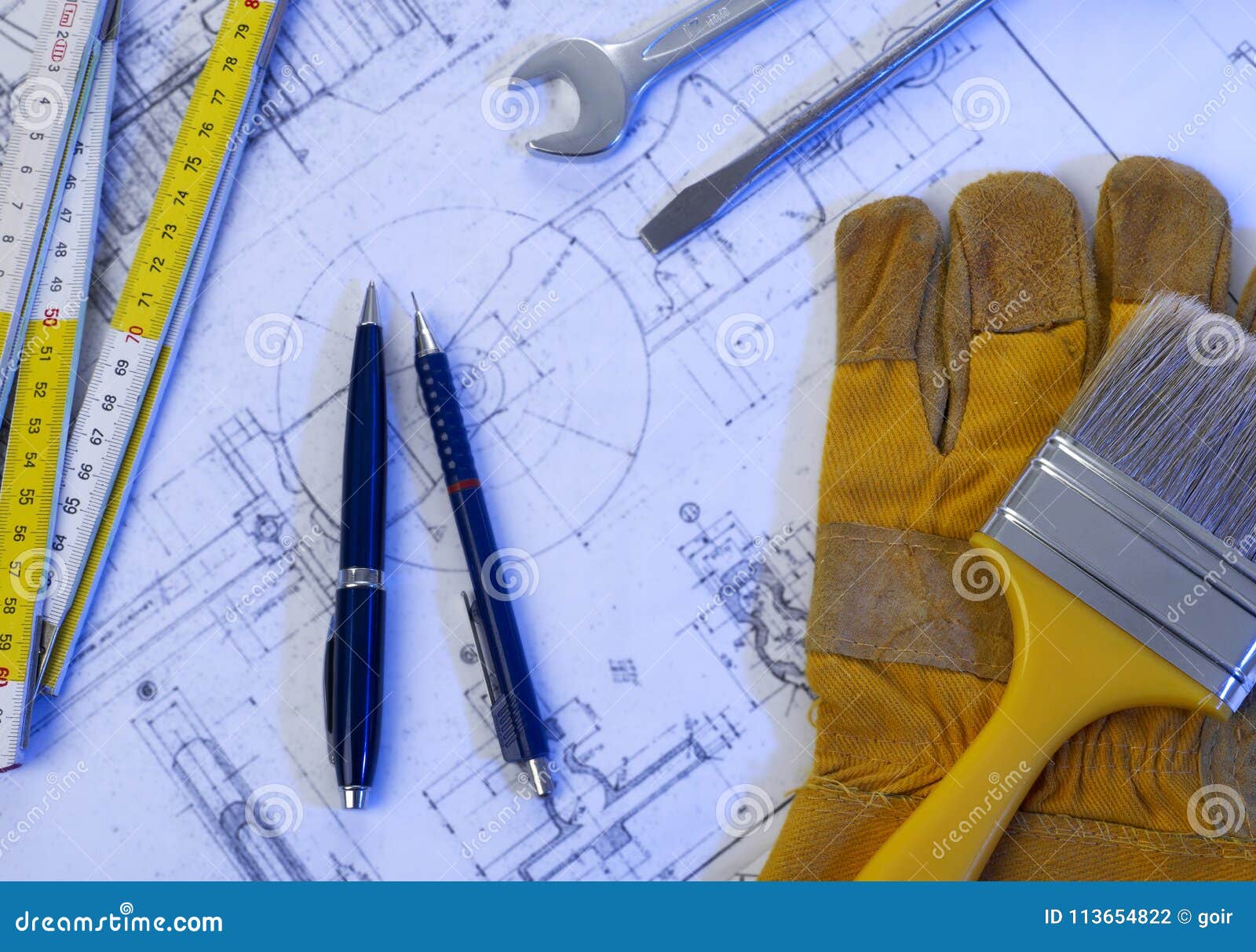Tools and blueprints stock photo. Image of improvement - 113654822