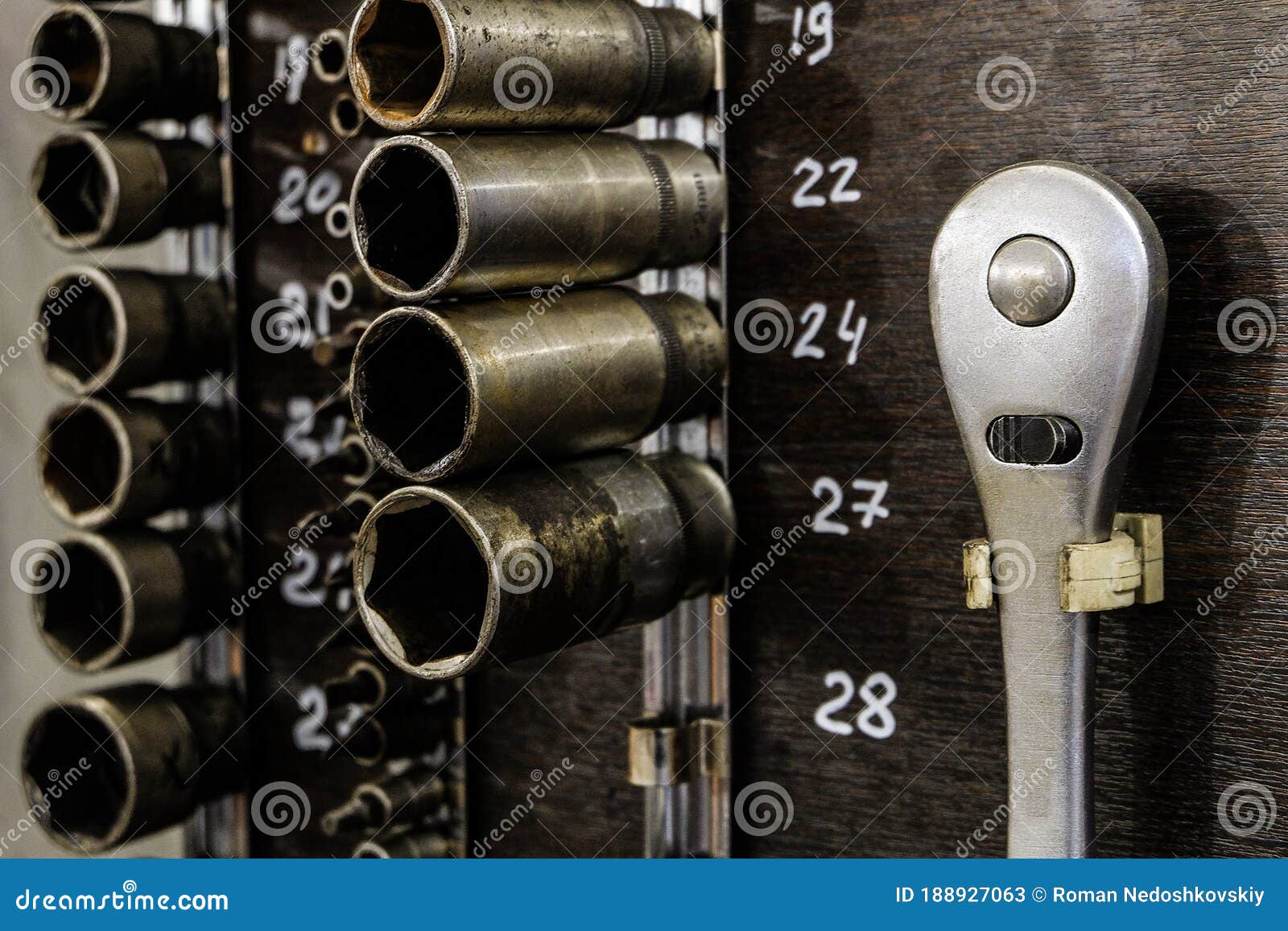 Tools on the Board. Spanners Hanging on Wall in Workshop Stock Image ...