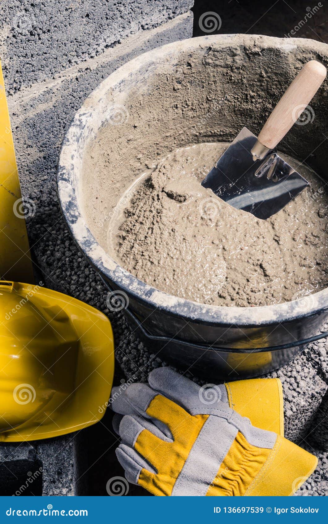Tools for Bricklayer Bucket with a Solution and a Trowel, Close Stock ...