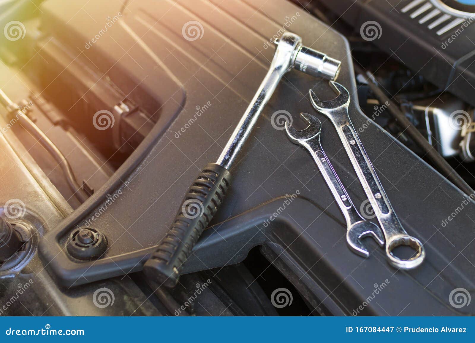 Tools in the car engine stock image. Image of inspection - 167084447
