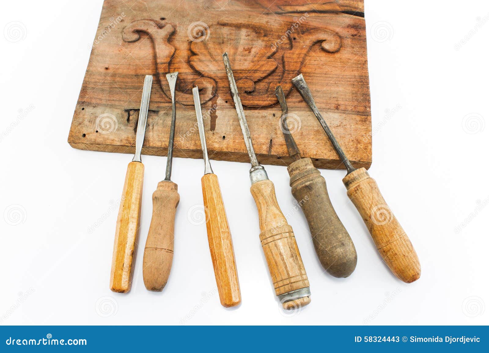 Tools for Carving on a Carved Plank Stock Image - Image of chisel ...