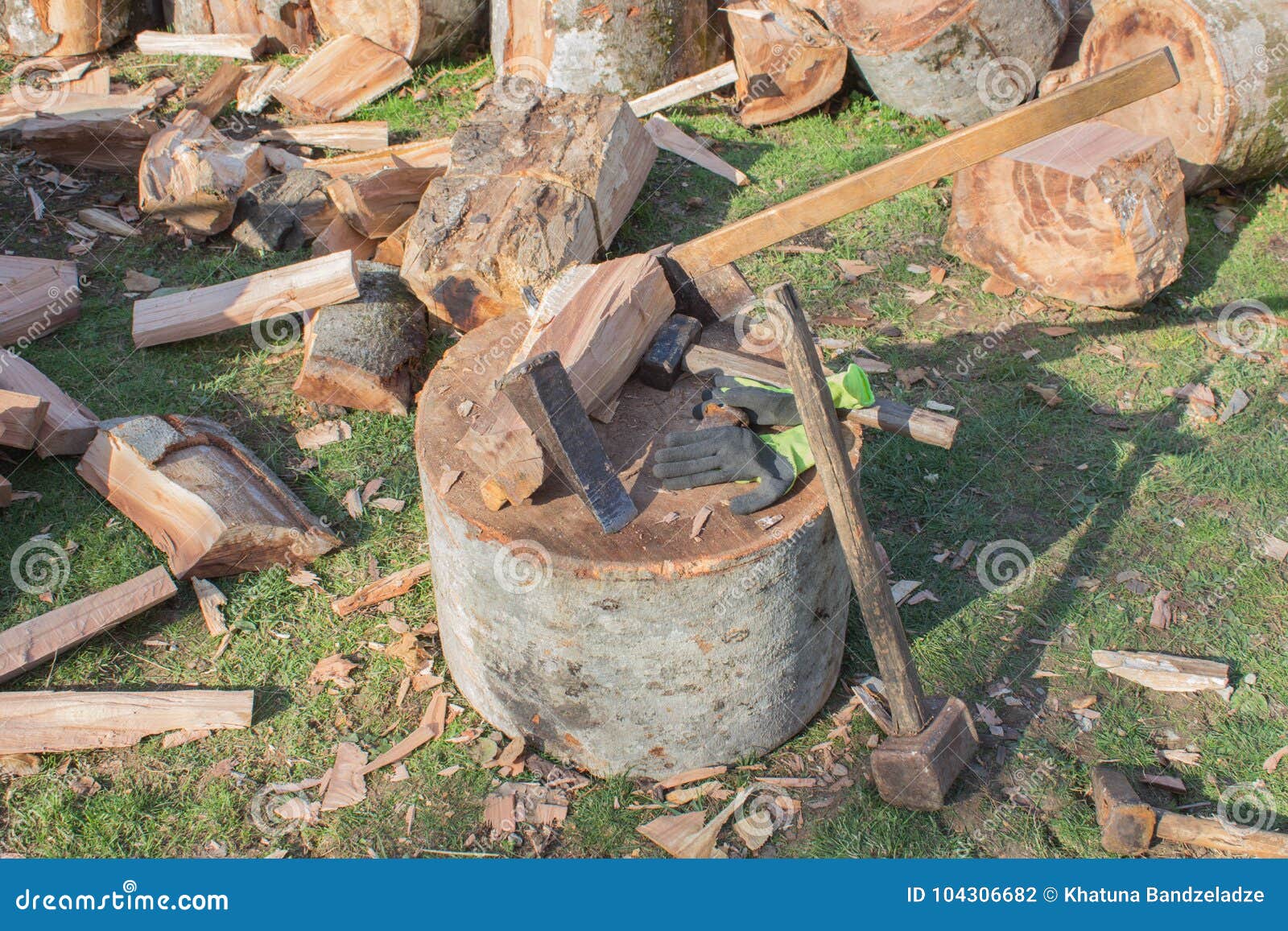 Tools for Chopping Trees. Pile of Firewood Logs and Blocks Stock Photo ...