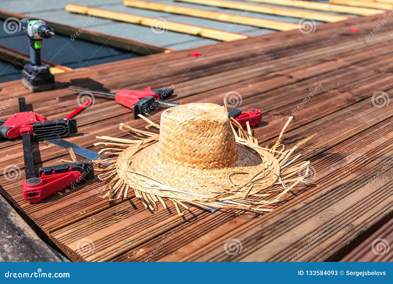 Tools for the Construction of a Wooden Floor or Terrace. Screwdr Stock ...