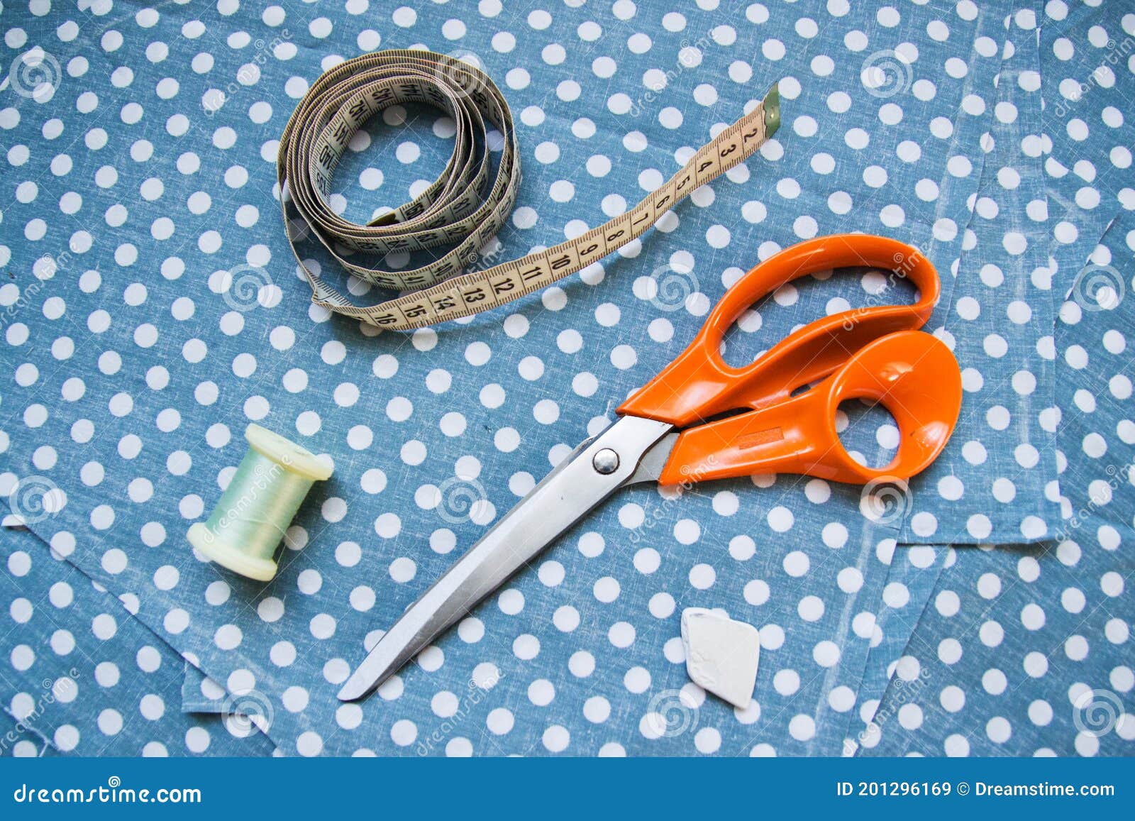 Tools for Cutting and Sewing: Scissors, Chalk, Threads, Centimeter Tape ...