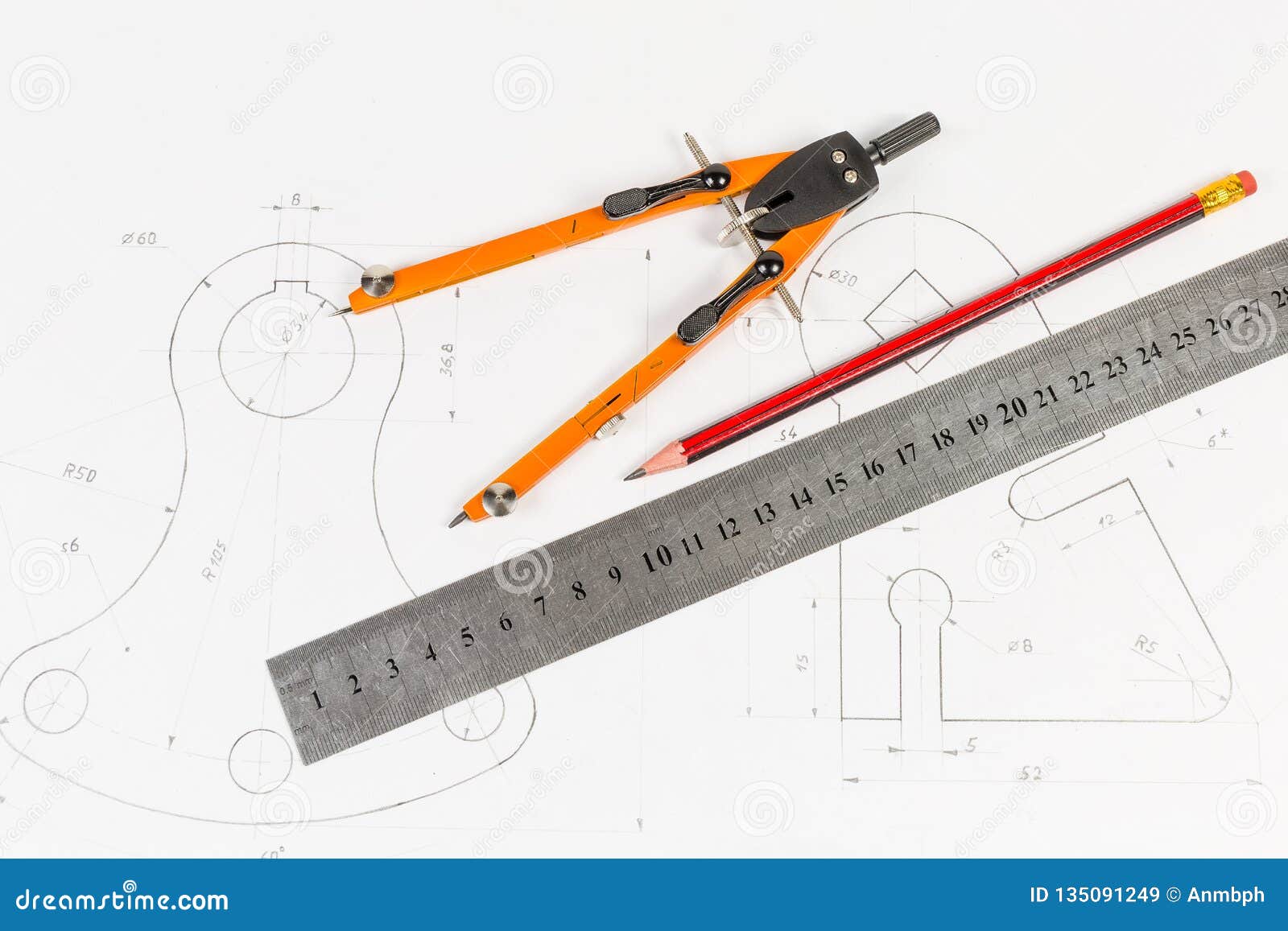 Tools for Draftsmanship on a Training Drawing Stock Image - Image of ...