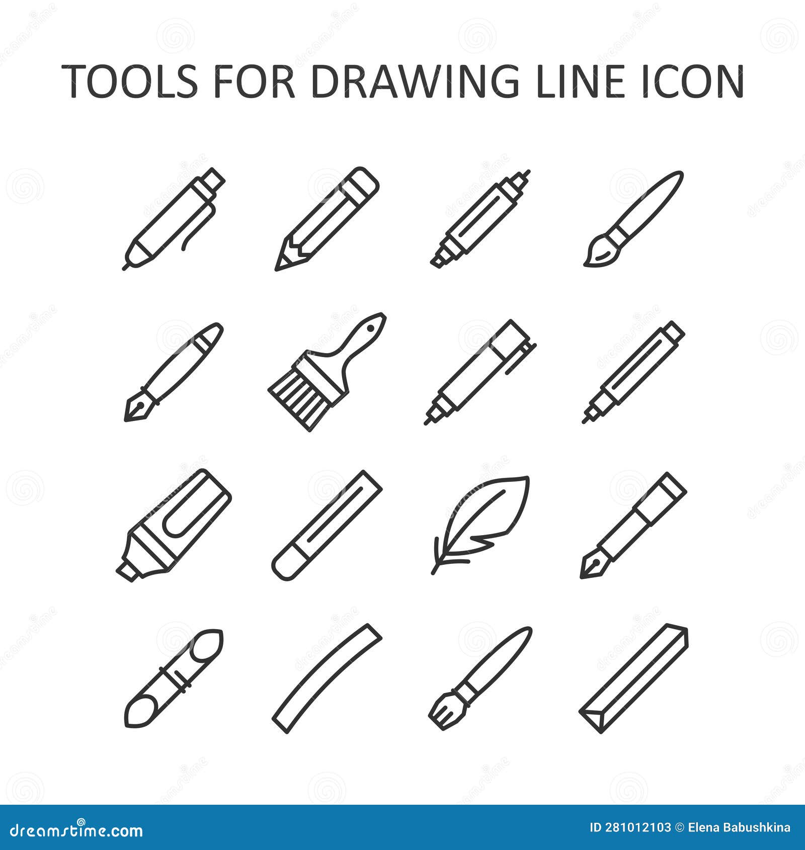 Tools for Drawing, Calligraphy, Lettering, Sketching Flat Line Icon Set ...