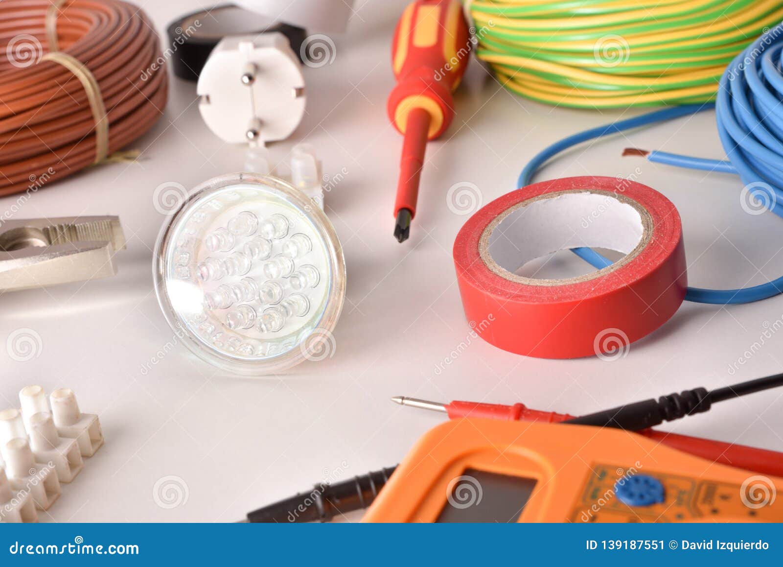 Tools and Electrical Material on a White Table Elevated View Stock ...