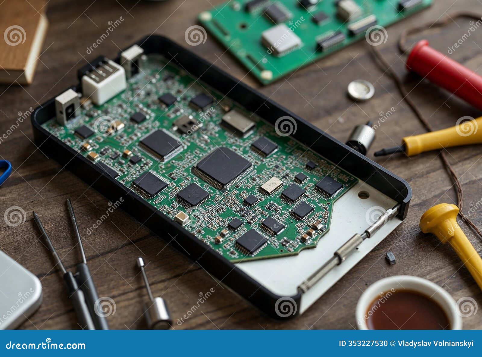 Intricate Details of a Circuit Board Being Repaired on a Wooden ...