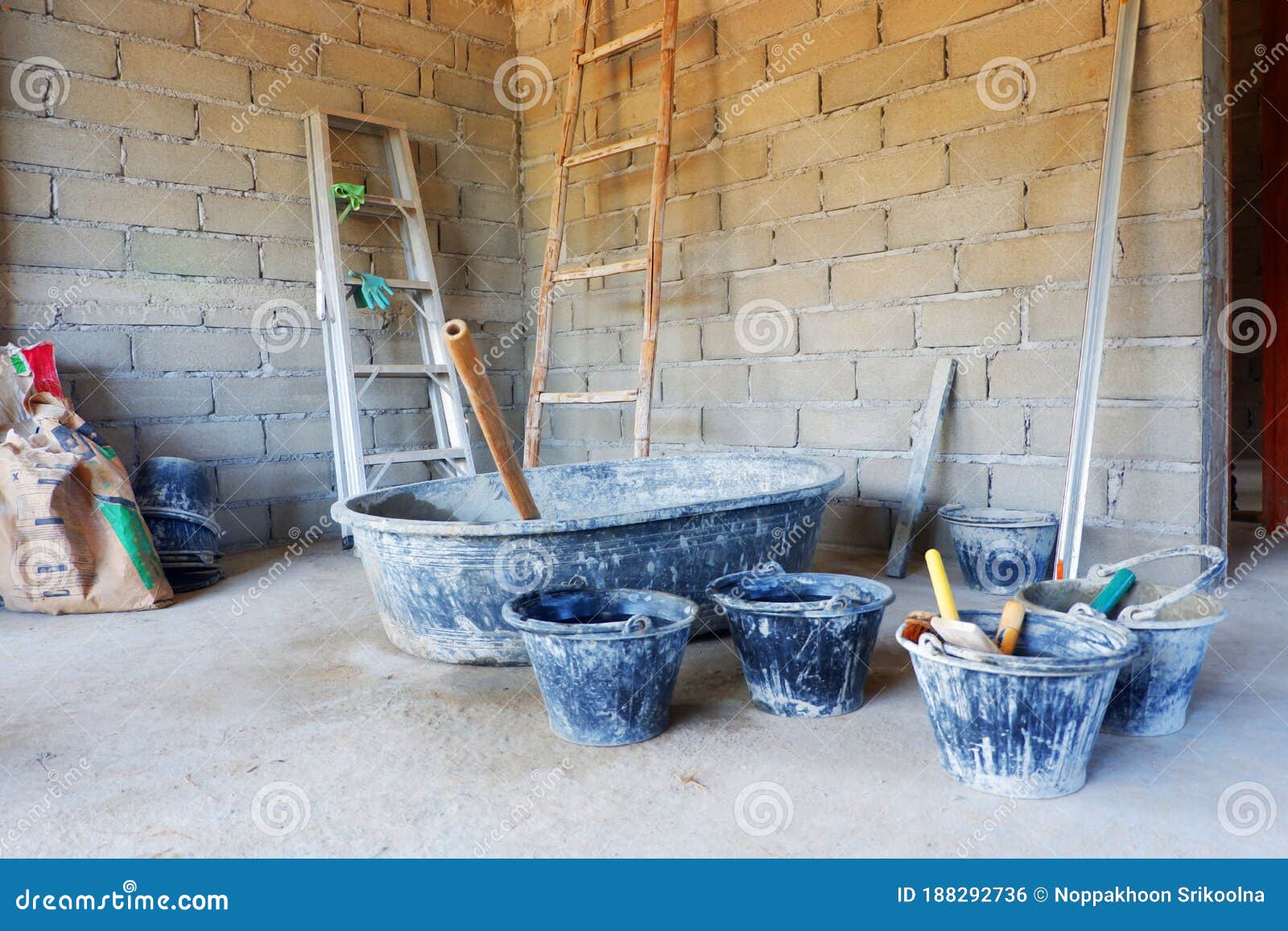 Tools and Equipment of Bricklayer in House Under Construction Stock ...