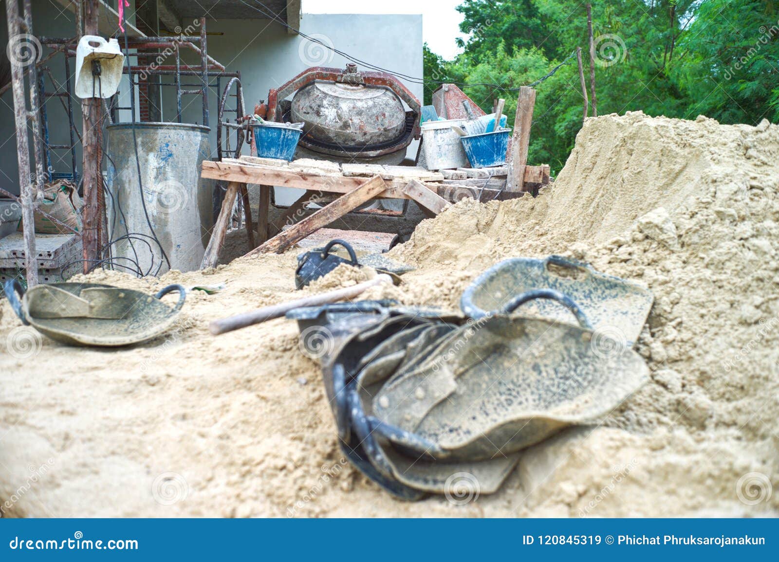 Tools and Equipments for Construction with the Pile of Sand Stock Image ...