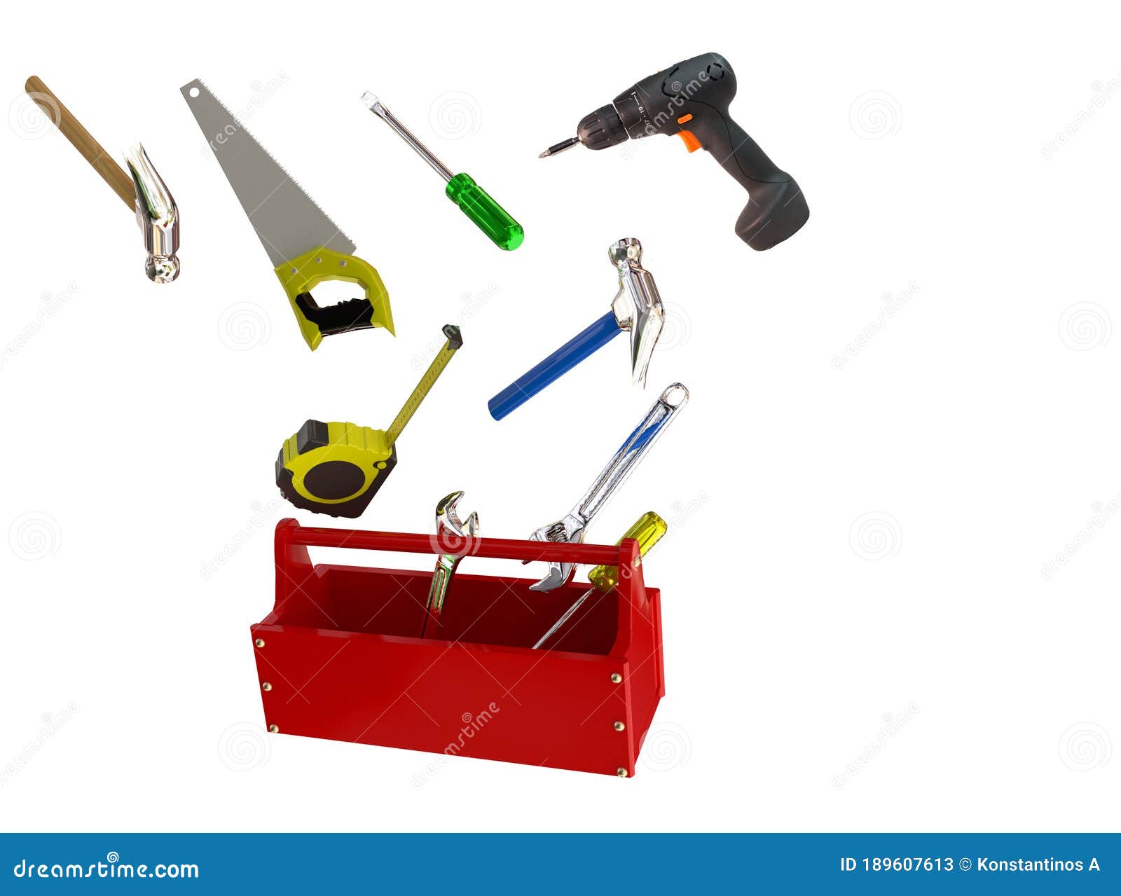 Tools Falling in Toolbox Saw Hammer Screwdriver Meter Wrench Toolkit ...