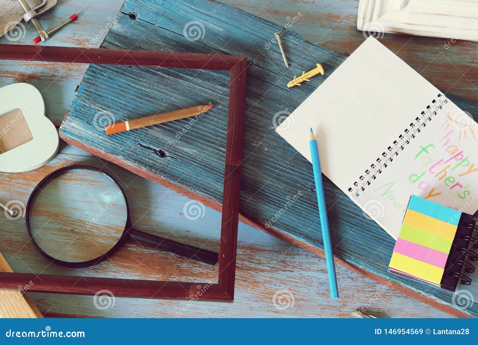 Tools, Frame, Notebook, Congratulation on a Wooden Table Stock Image ...