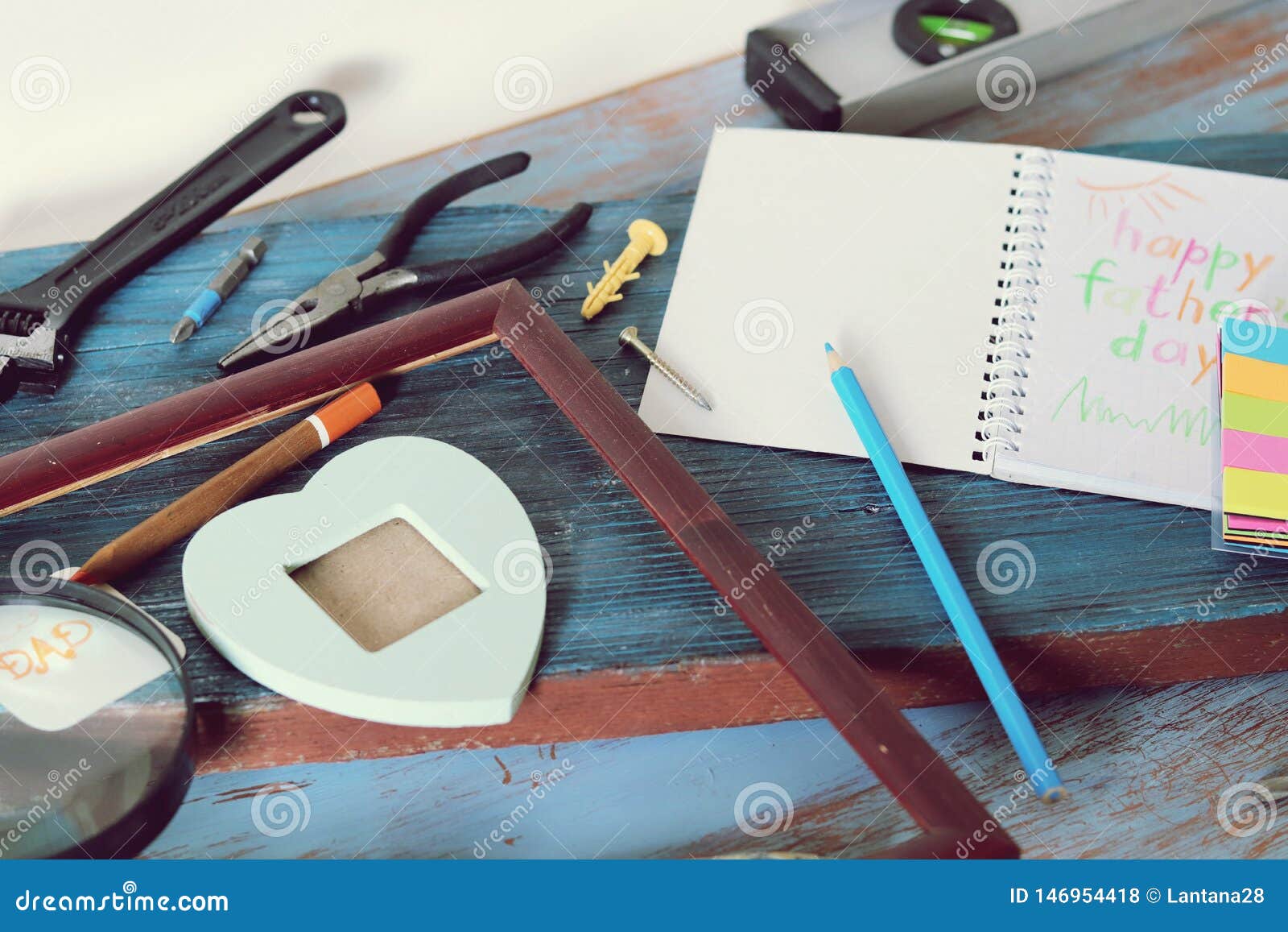 Tools, Frame, Notebook, Congratulation on a Wooden Table Stock Photo ...