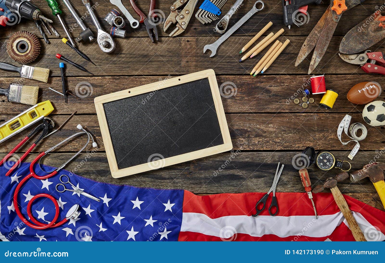 Tools Group Different Job on Rustic Wooden Table Stock Photo - Image of ...