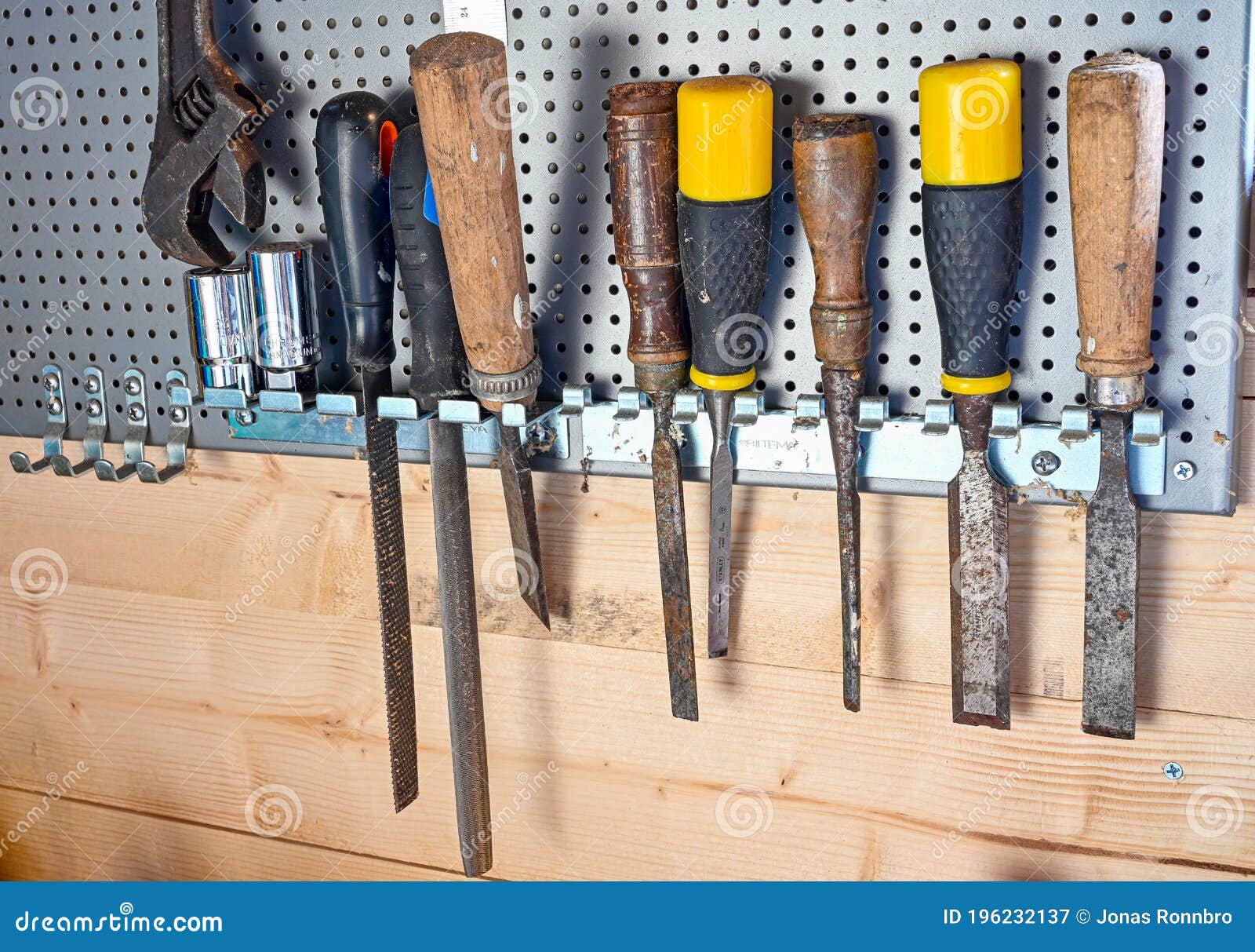 Tools Hanging on a Board of Metal Stock Image - Image of chisel ...