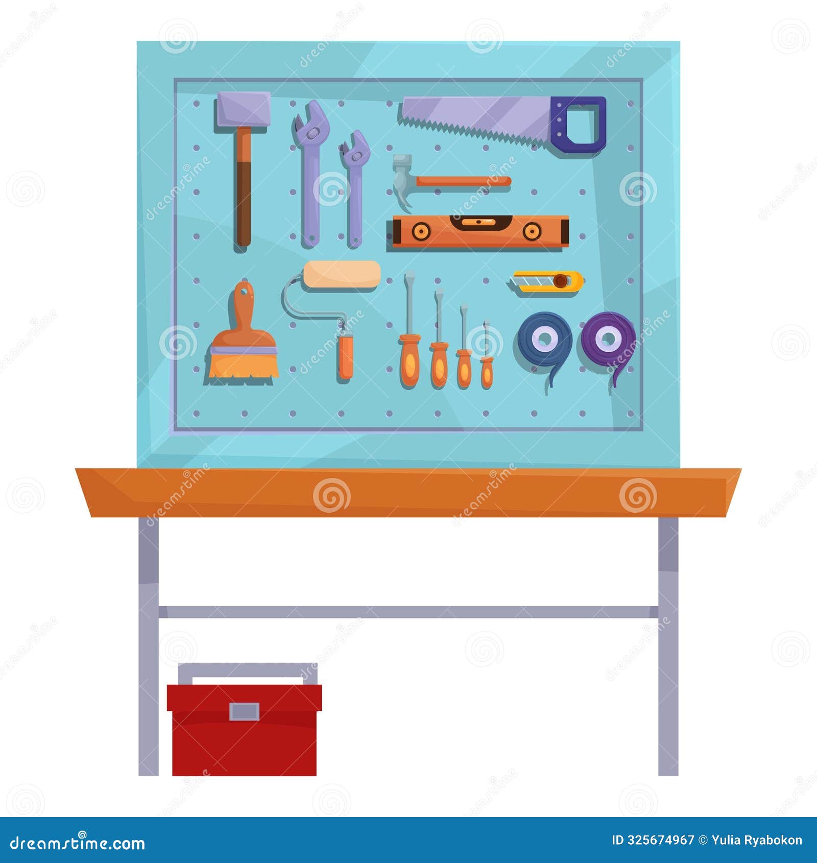 Pegboard with Tools Hanging Over Workbench in Workshop Stock Vector ...