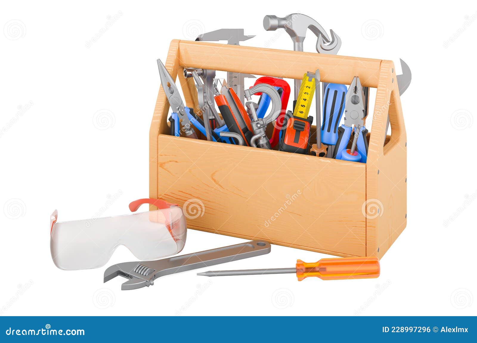 Tools Inside Wooden Toolbox, 3D Rendering Stock Illustration ...