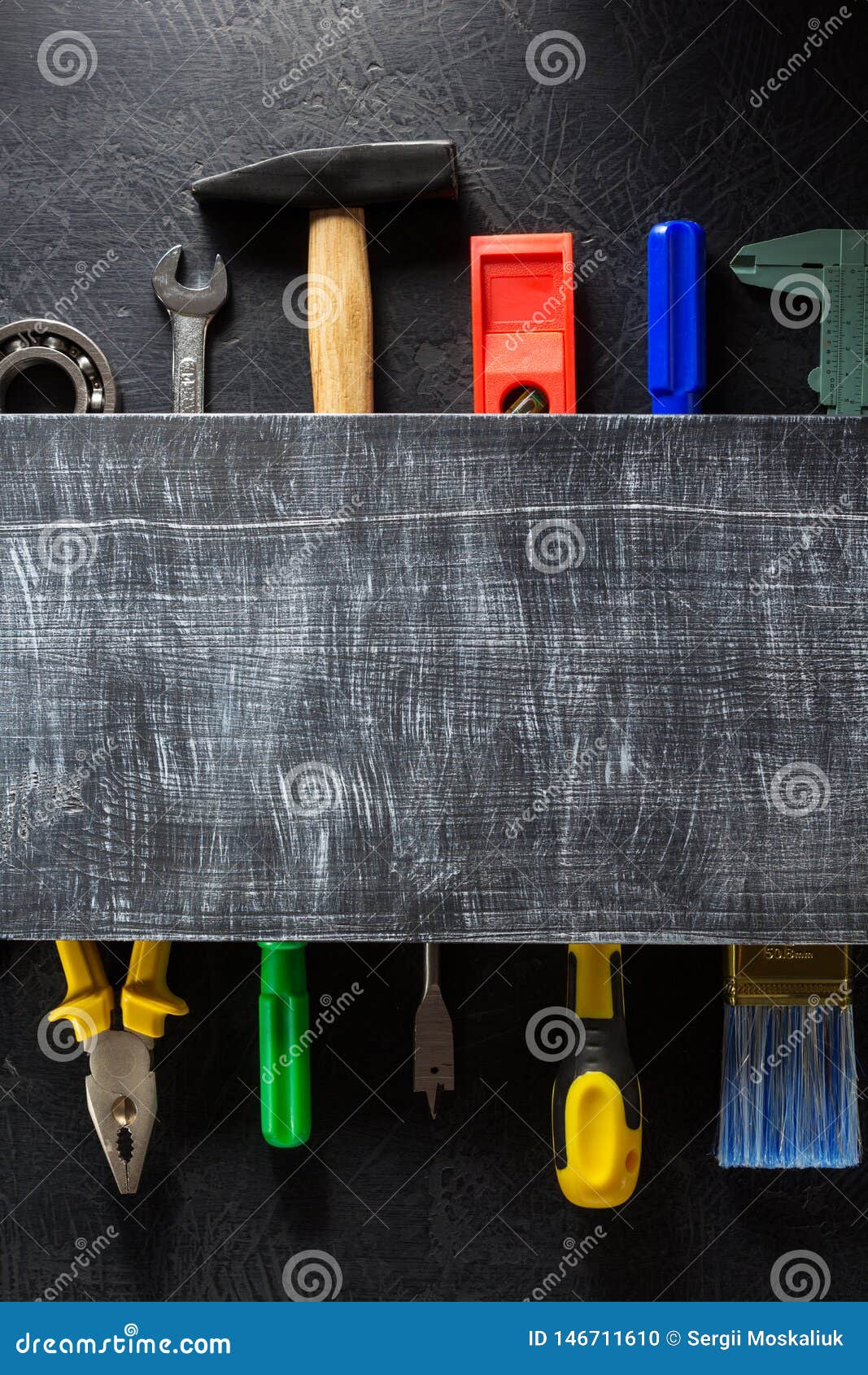Tools and Instruments on Black Stock Photo - Image of overhead ...