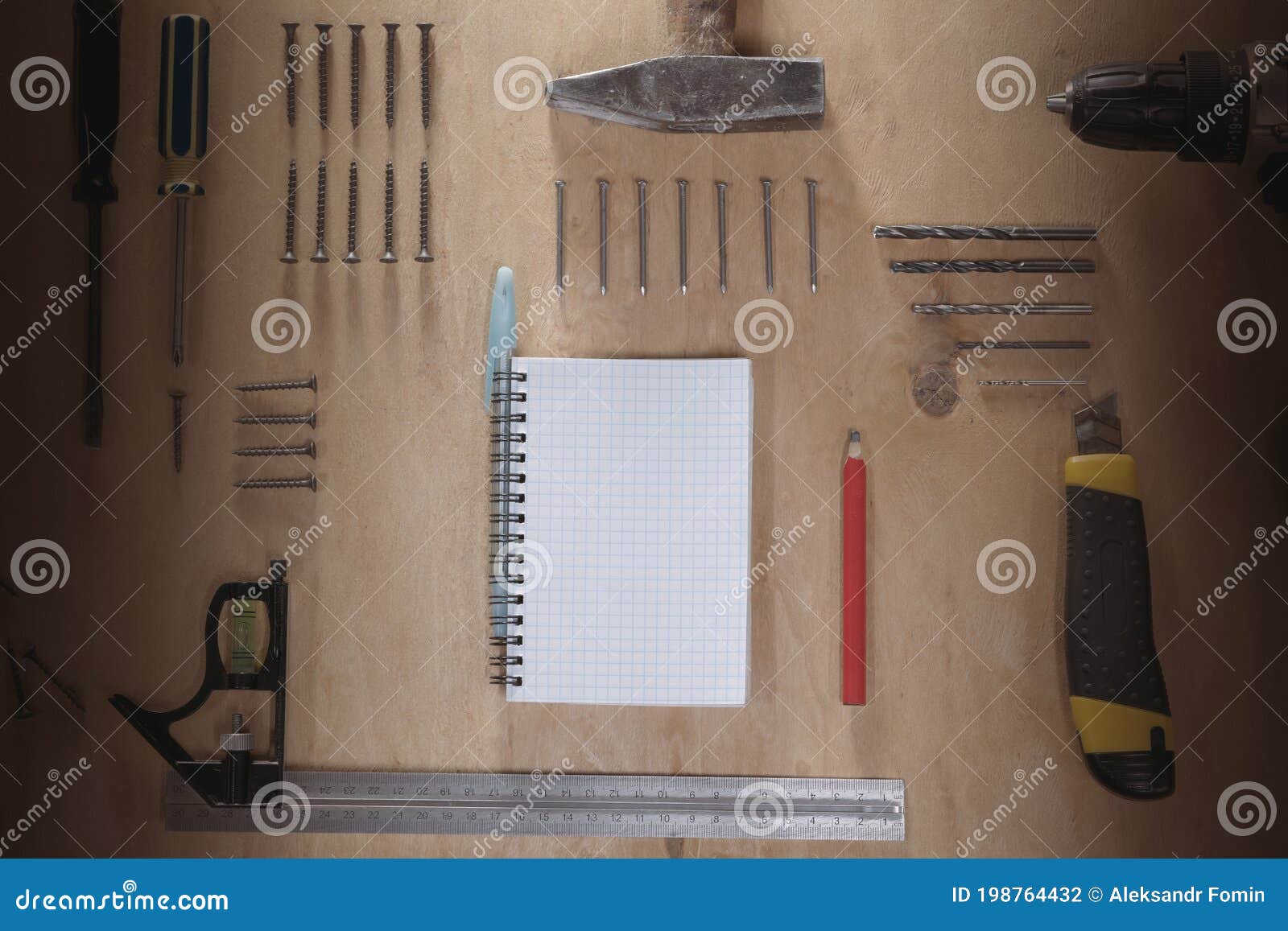 Tools Laid Out on a Wooden Surface Stock Photo - Image of creation ...