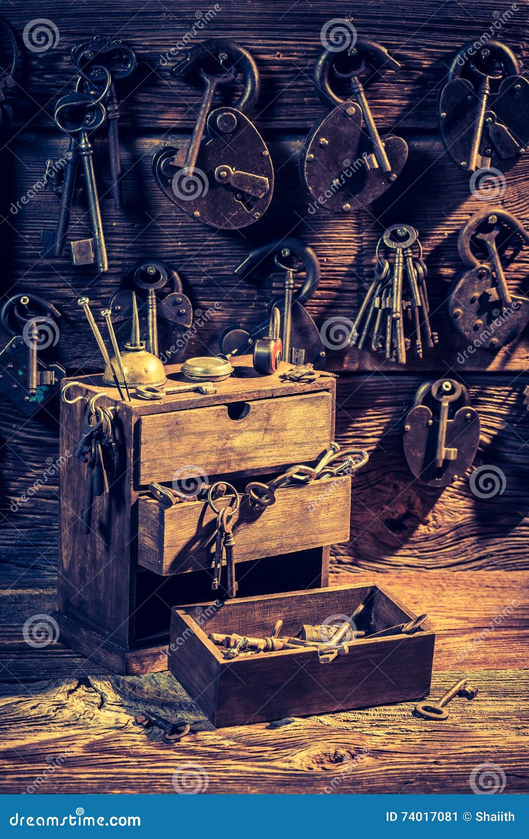 Tools, Locks and Keys in Aged Locksmiths Workshop Stock Image - Image ...