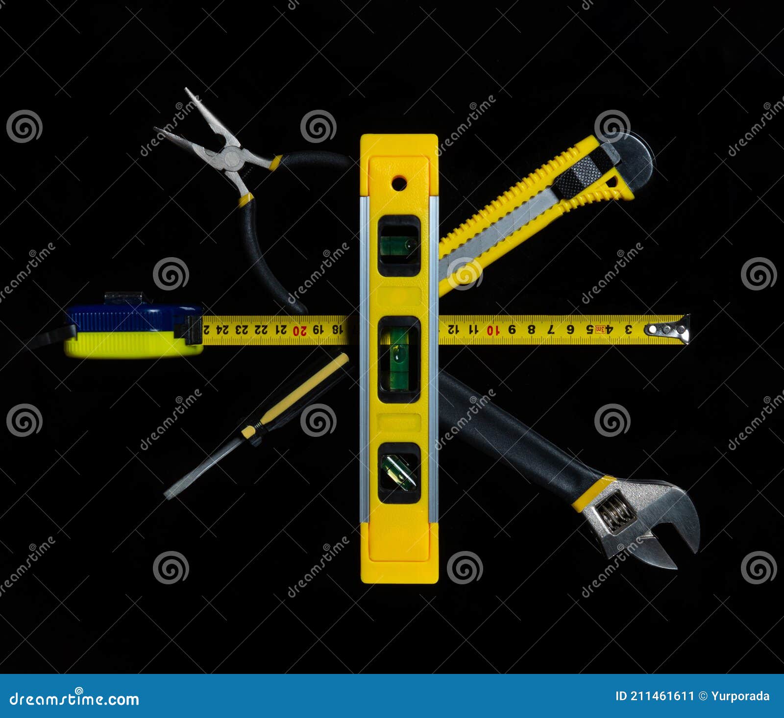 Tools for Master Builder on a Black Background. Close-up of ...