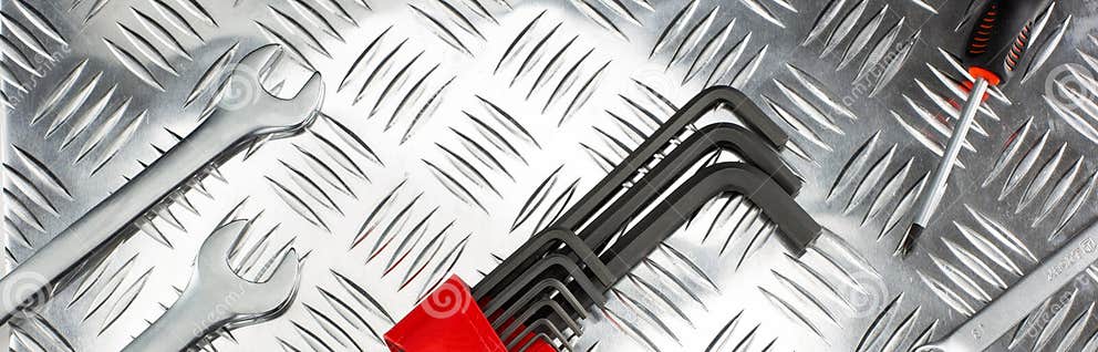 Tools on Metal Workbench, Web Banner Cocept Stock Image - Image of ...