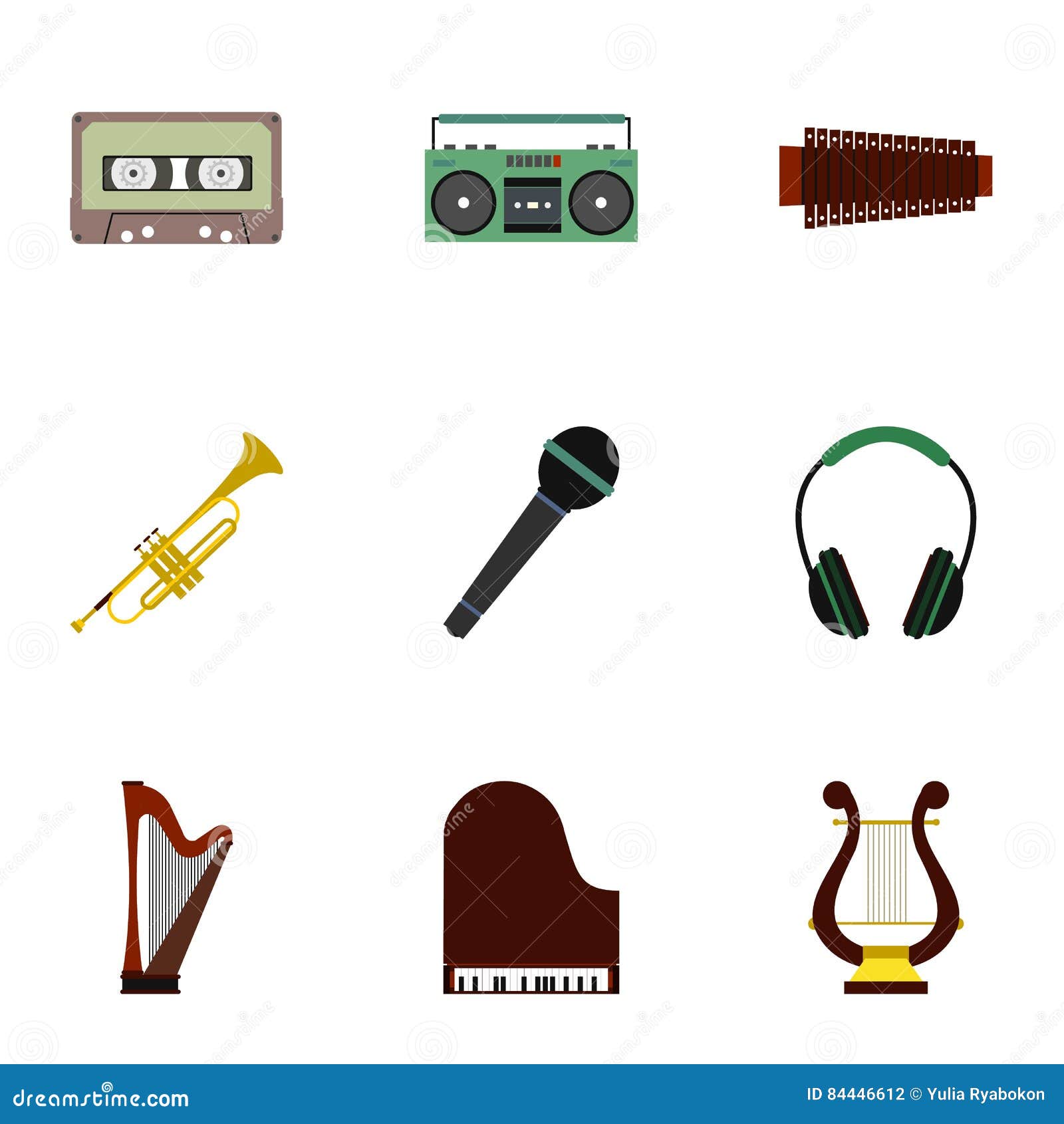 Tools for Music Icons Set, Flat Style Stock Vector - Illustration of ...