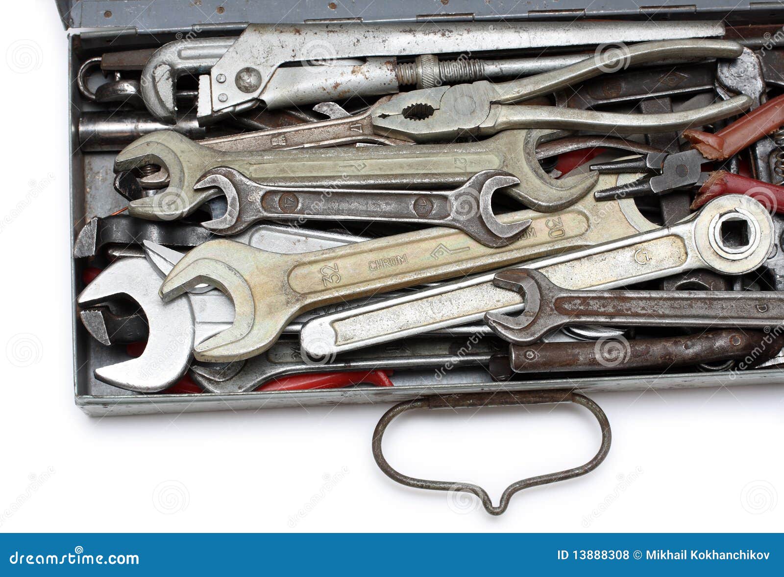 Tools in old metal box stock photo. Image of spanner - 13888308
