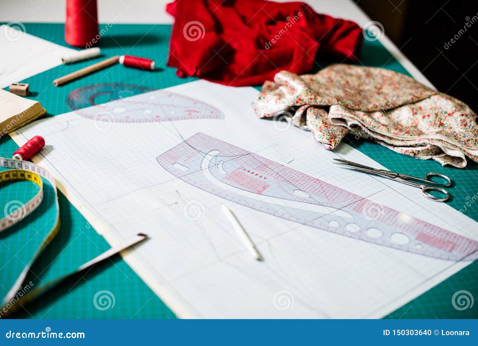 Tools, Patterns and Fabric Samples on the Sewing Table in the Tailor ...