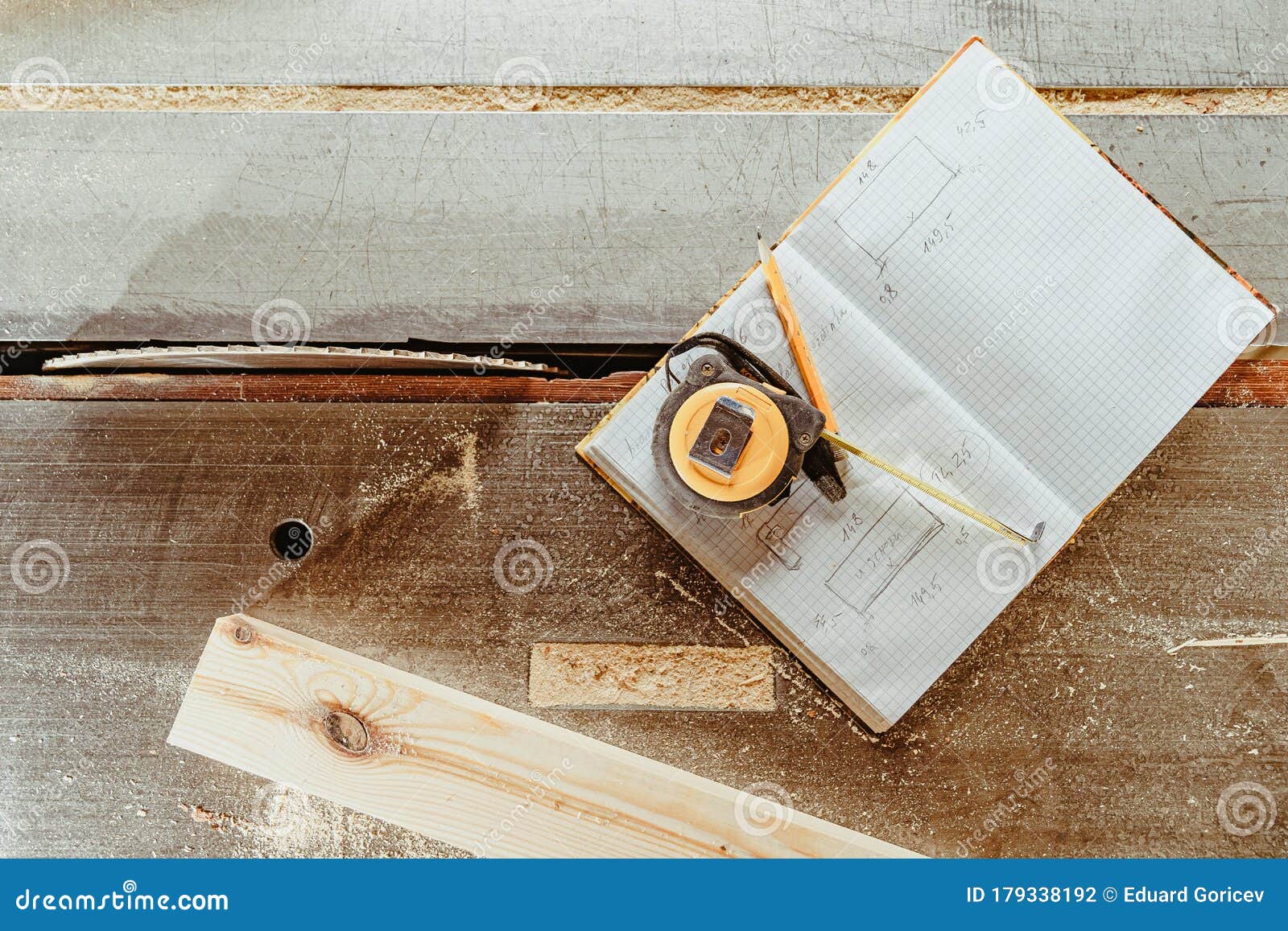 Tools for Planning a Wooden Product: Meter, Pencil and Workbook on a ...