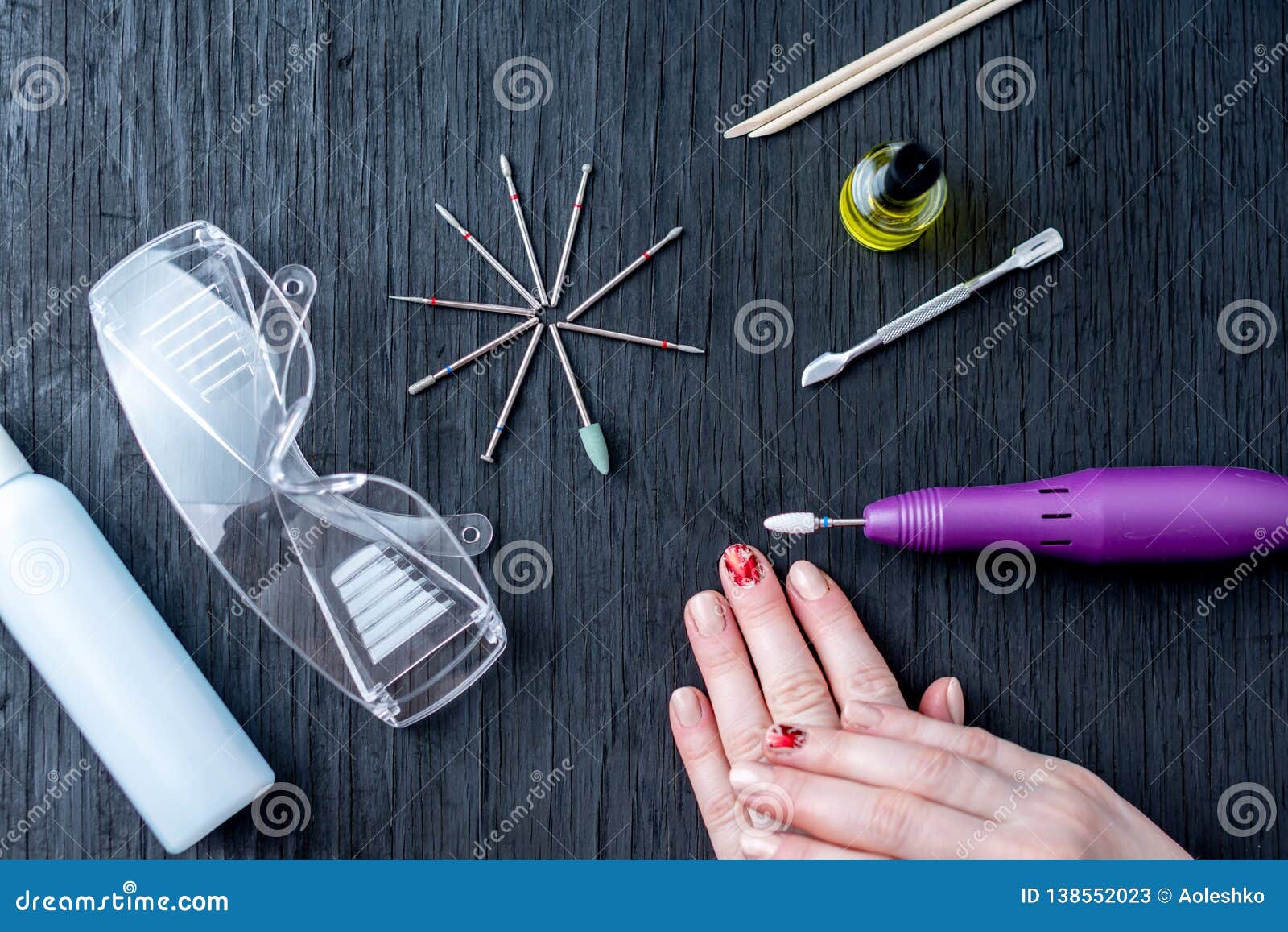 Tools for Professional Hardware Manicure and Women`s Hands on Dark ...