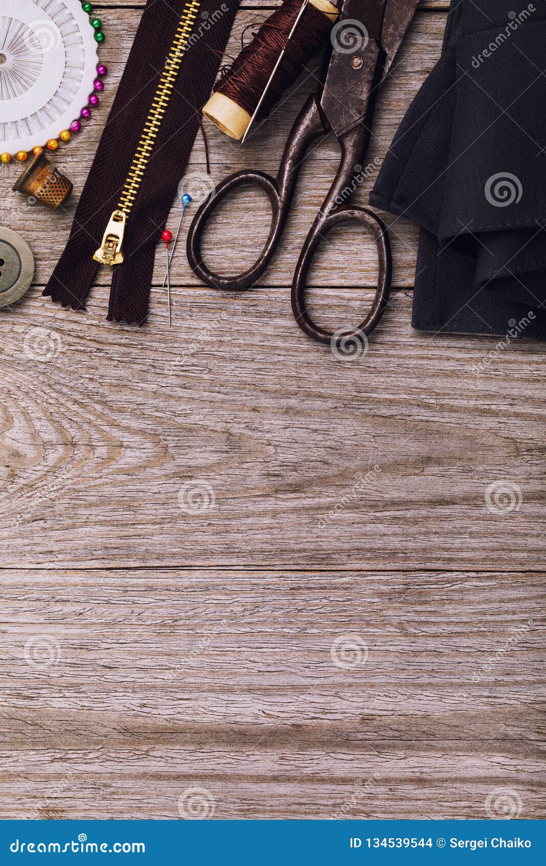 Tools for Repair and Tailoring Clothes on Wooden Table Stock Photo ...